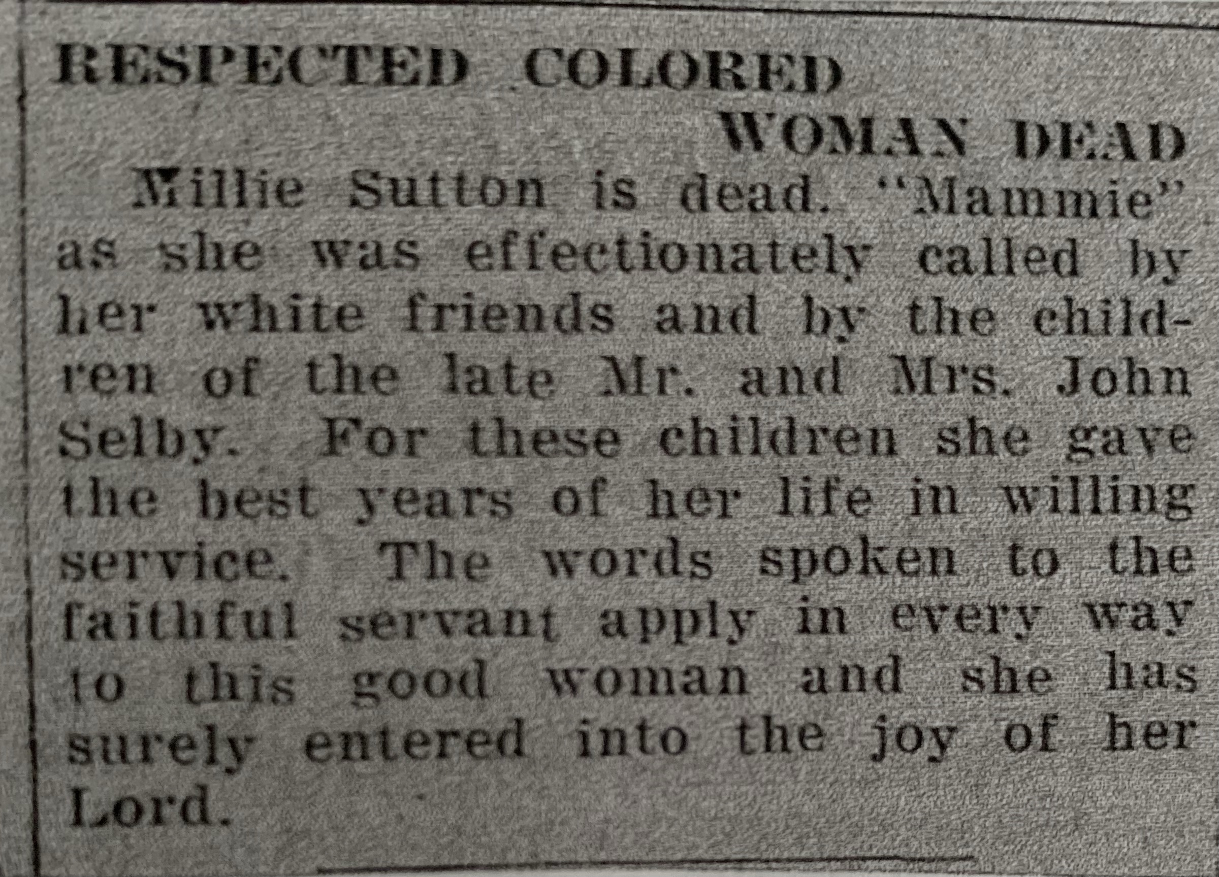 The obituary of Millie Sutton. (Who was not named Sutton.) | Black Wide ...
