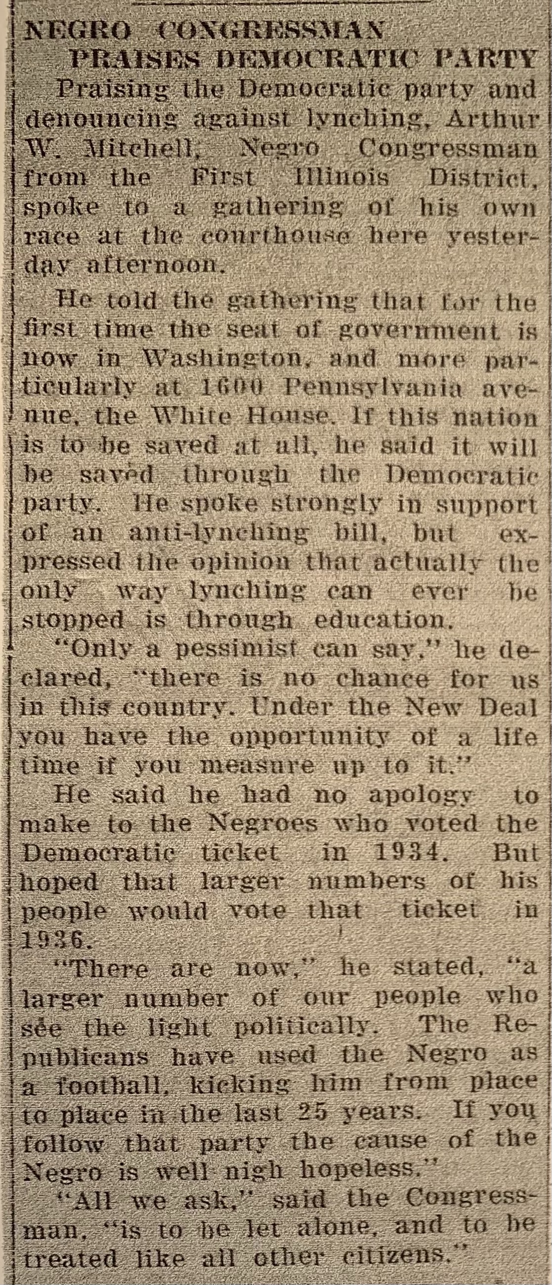 A visit from Congressman Arthur W. Mitchell. | Black Wide-Awake