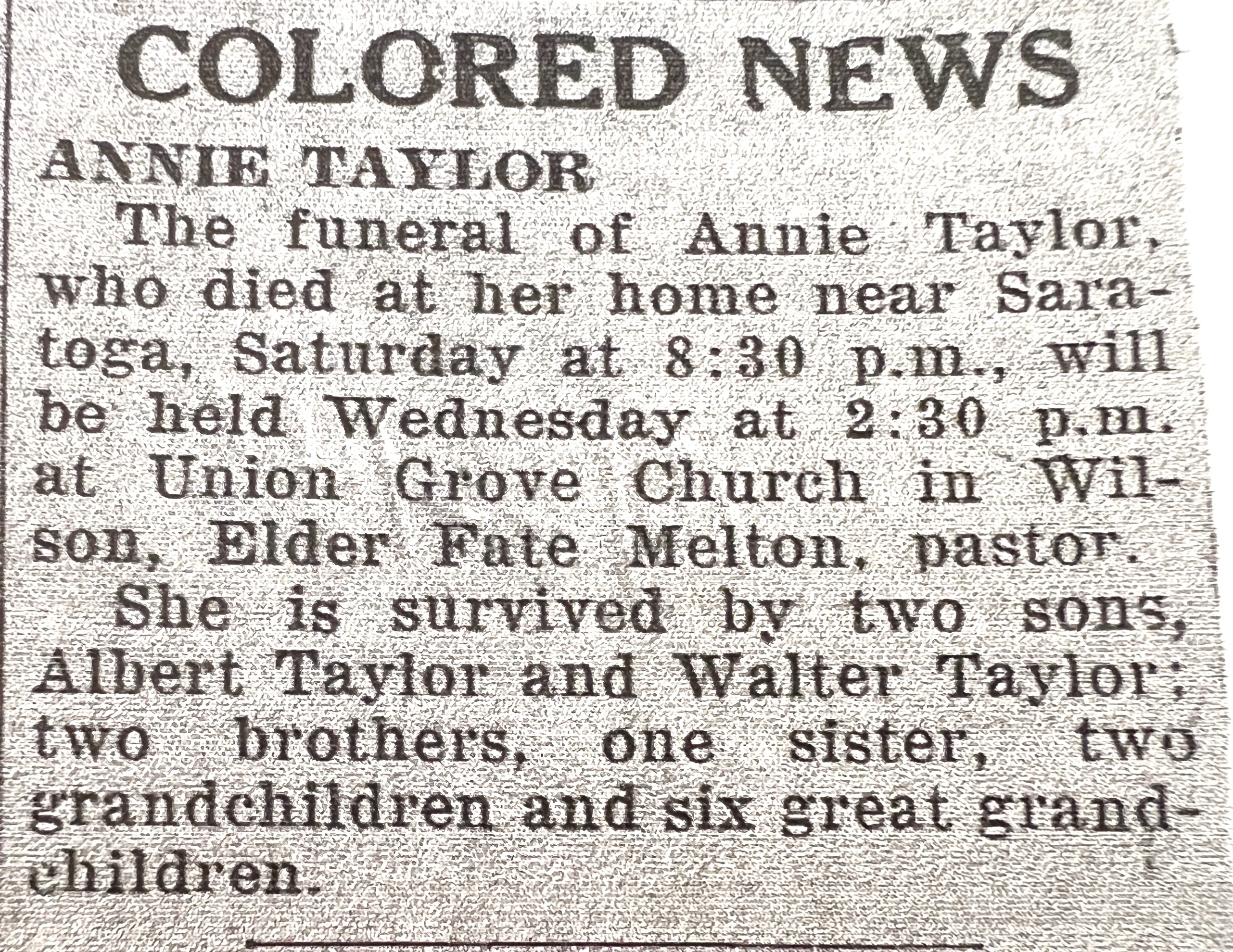 The obituary of Annie Barnes Taylor. | Black Wide-Awake