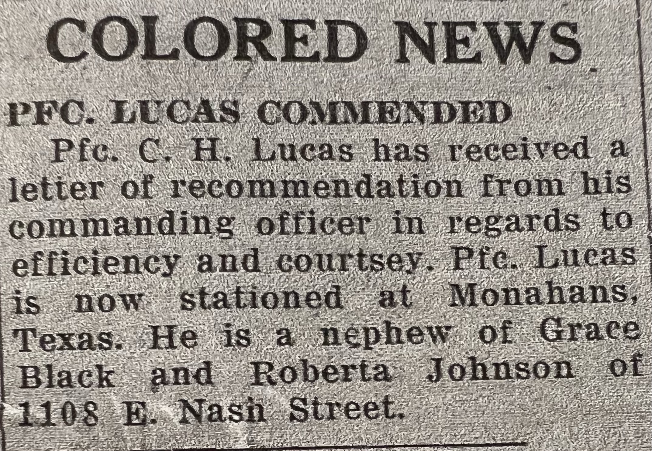 Pfc. C.H. Lucas receives letter of recommendation. | Black Wide-Awake