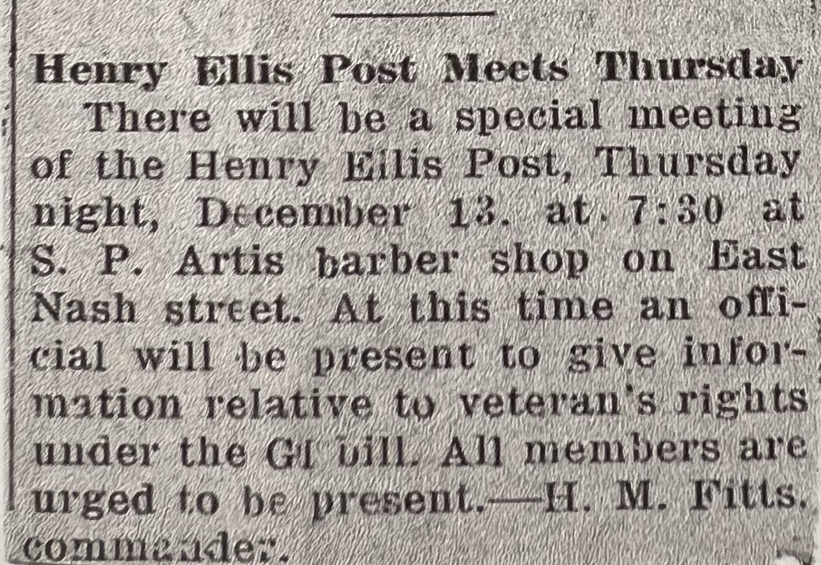 Henry Ellis Post meets to discuss GI Bill. | Black Wide-Awake