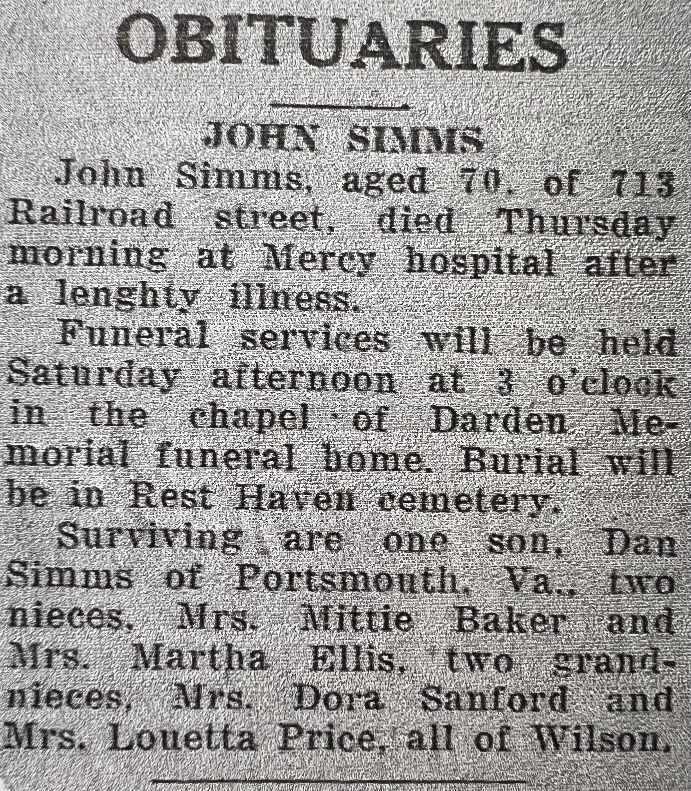The obituary of John Simms. | Black Wide-Awake