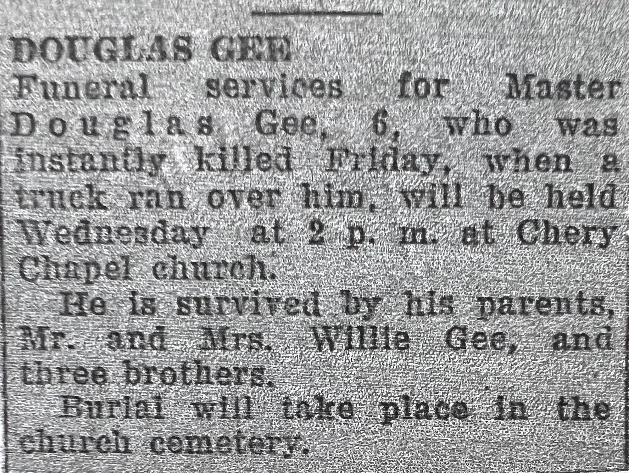 The death of Douglas Gee, age 6. | Black Wide-Awake