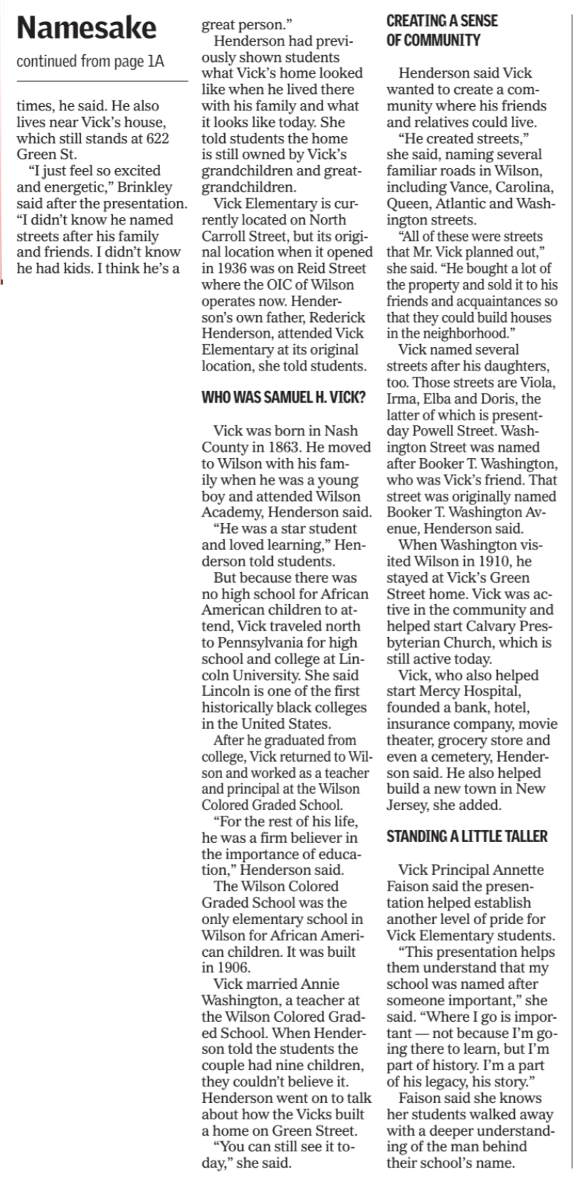 Vick students learn about Sam Vick. | Black Wide-Awake