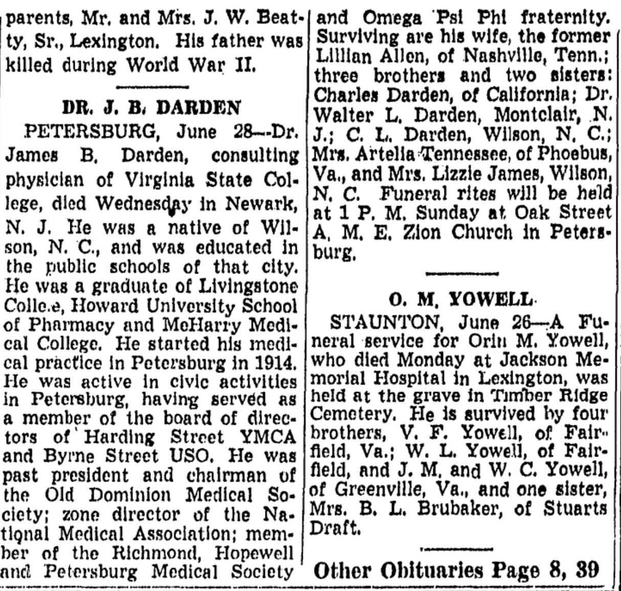 The obituary of Dr. James B. Darden. | Black Wide-Awake