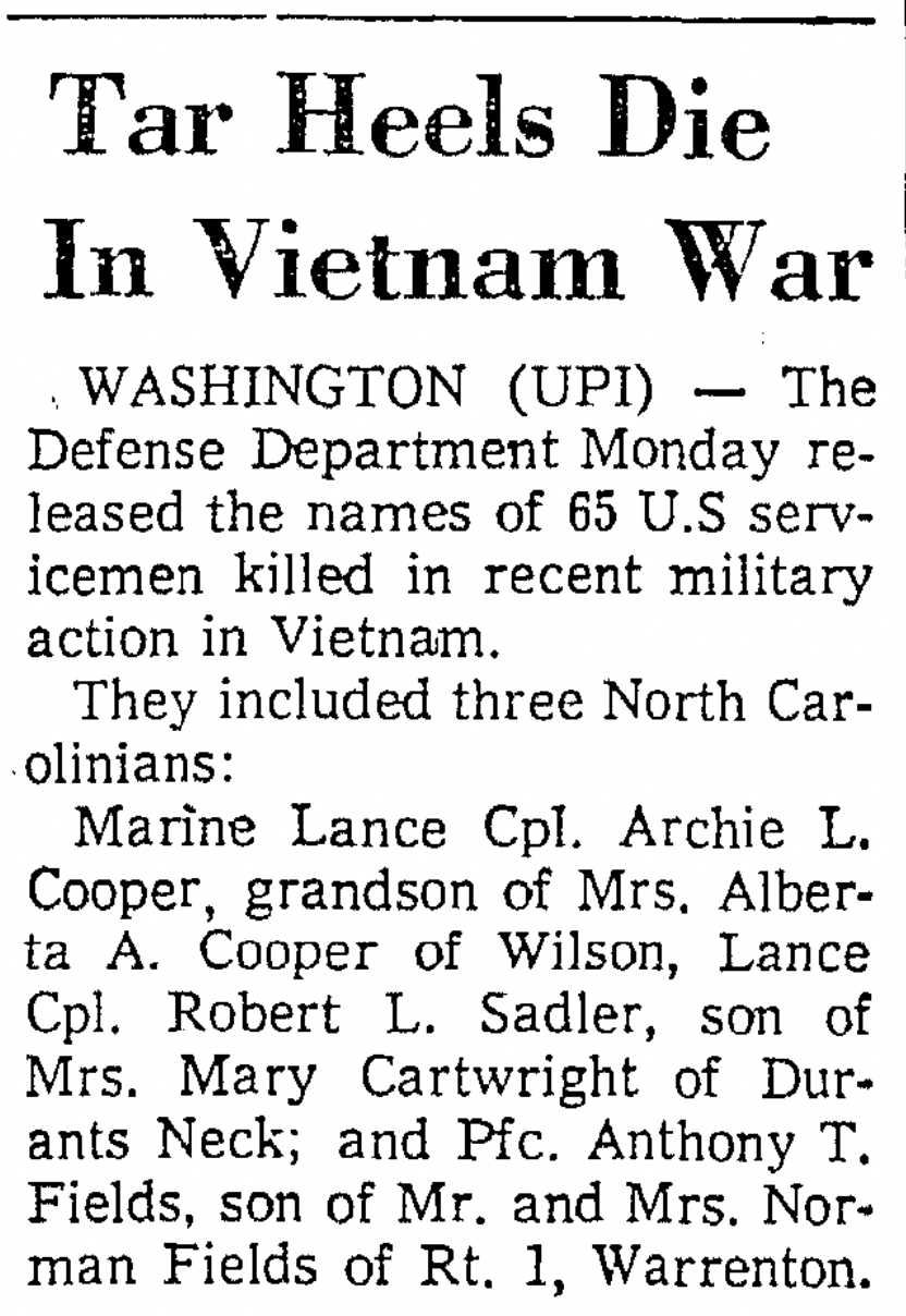 In memory of L/Cpl Archie Lee Cooper, killed in action in Vietnam ...