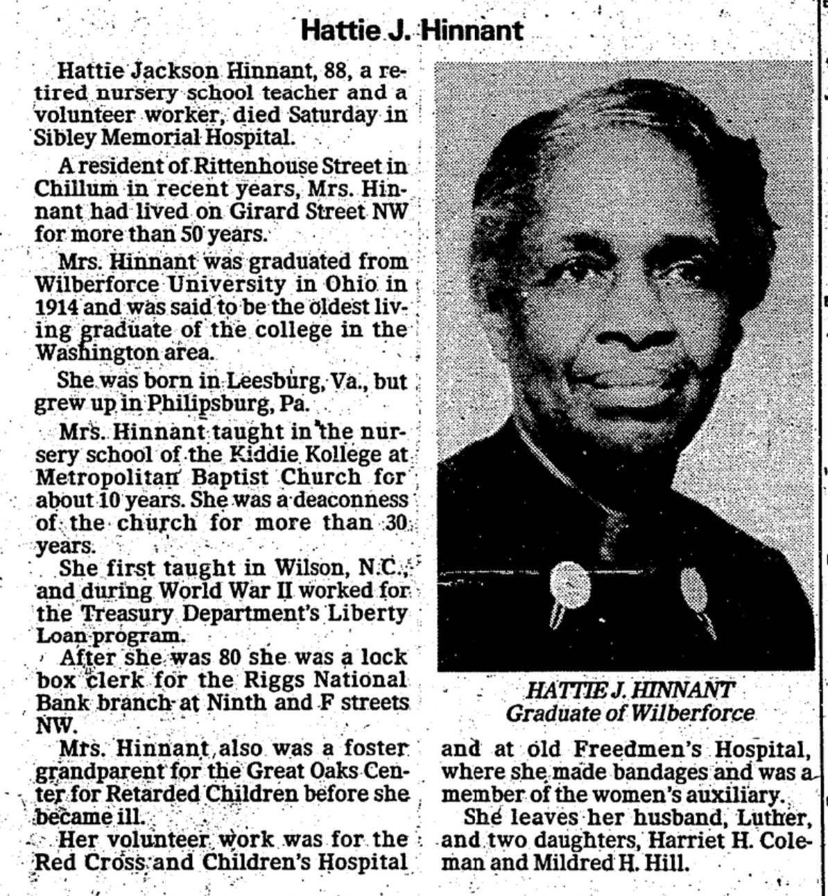 The obituary of Harriet J. Hinnant of Washington, D.C. | Black Wide-Awake