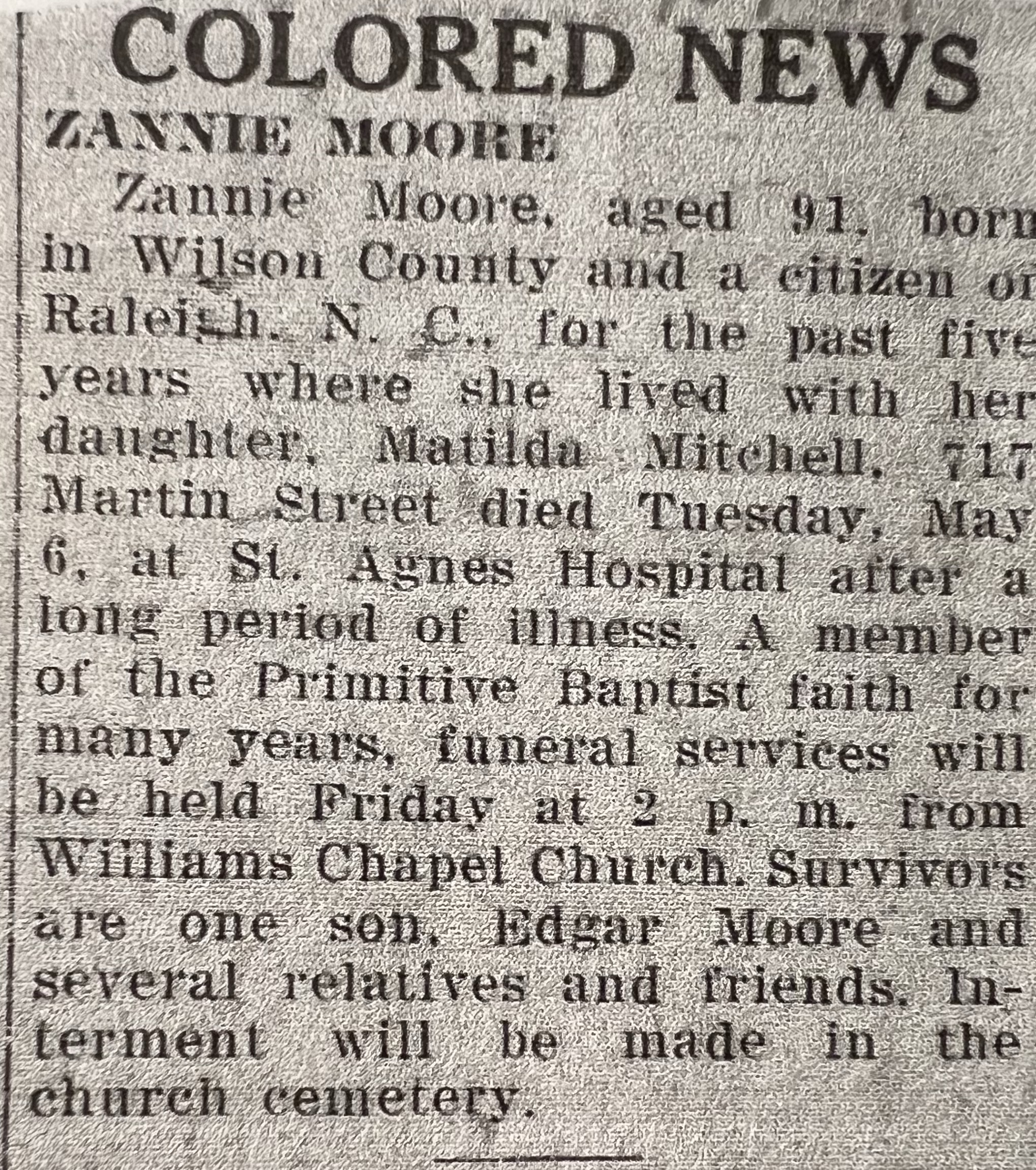 The obituary of Zannie Daniel Moore. | Black Wide-Awake