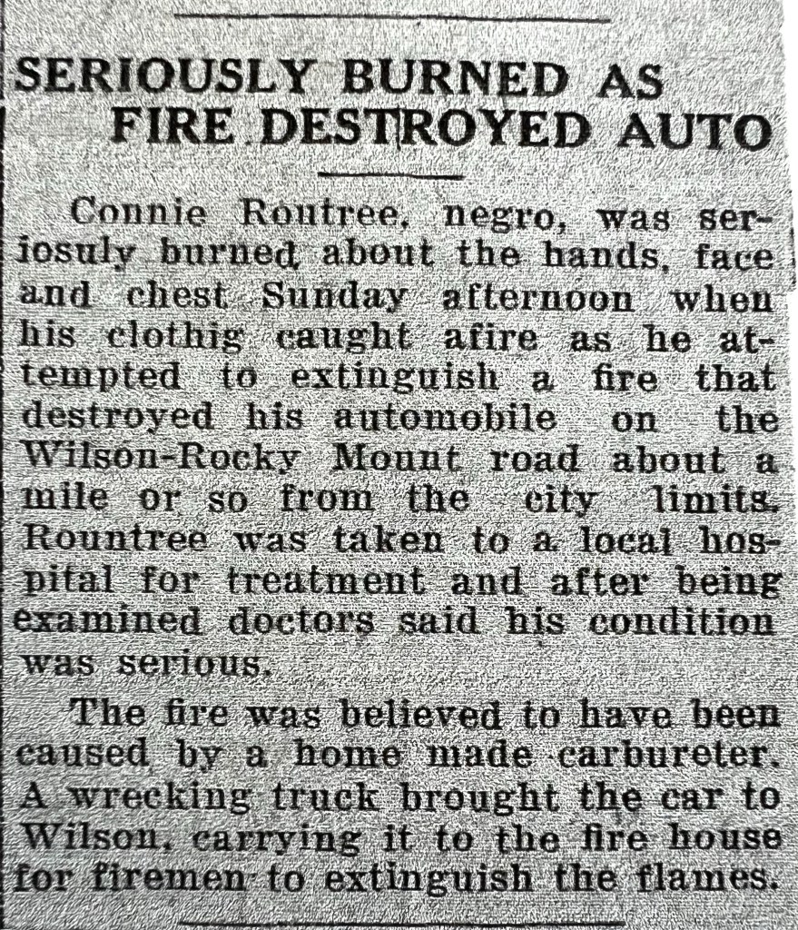 Rountree injured by blazing automobile. | Black Wide-Awake