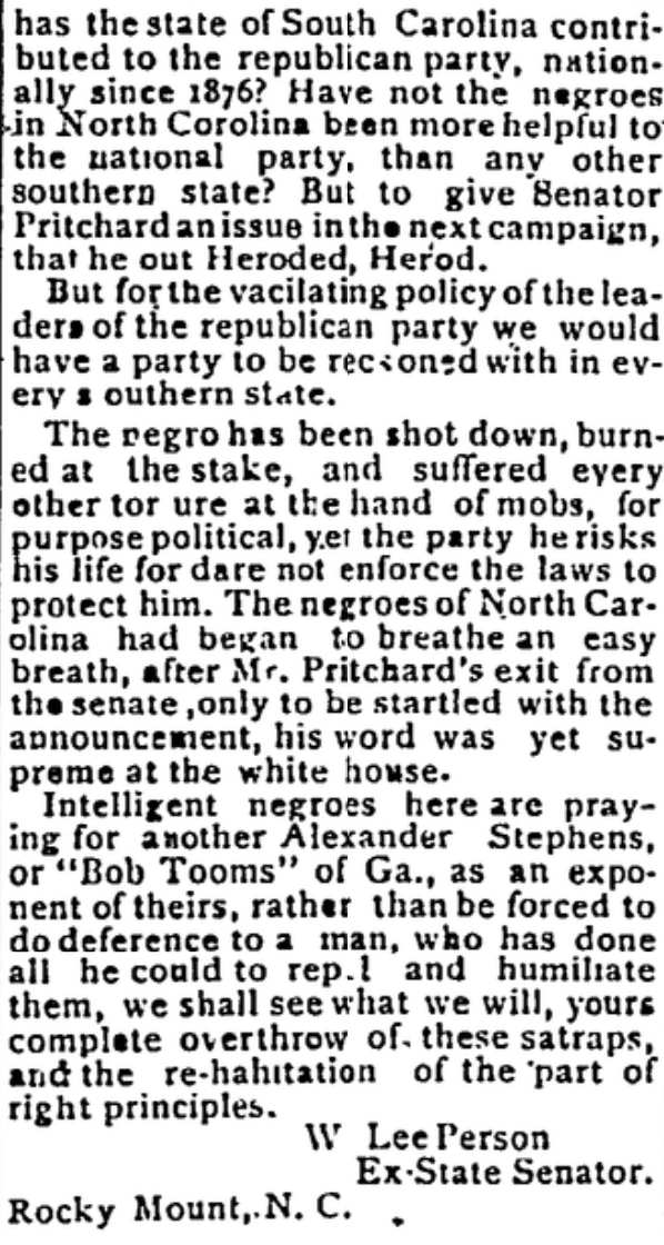 Ex-Senator Person speaks out for Samuel H. Vick. | Black Wide-Awake