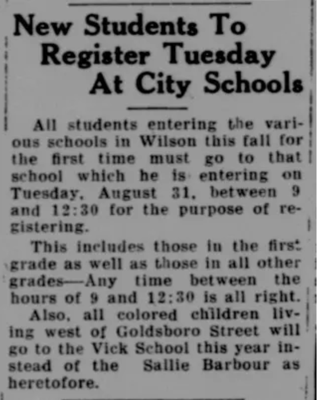 Colored children west of Goldsboro Street will attend Vick School ...