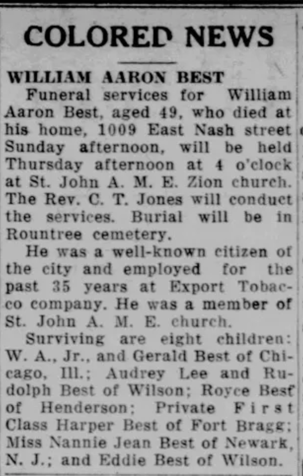 The obituary of William Aaron Best. | Black Wide-Awake