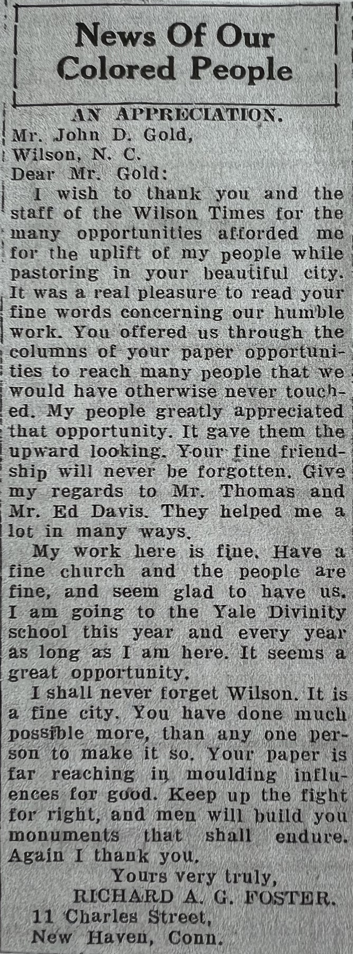 Rev. Foster writes a letter of appreciation. | Black Wide-Awake