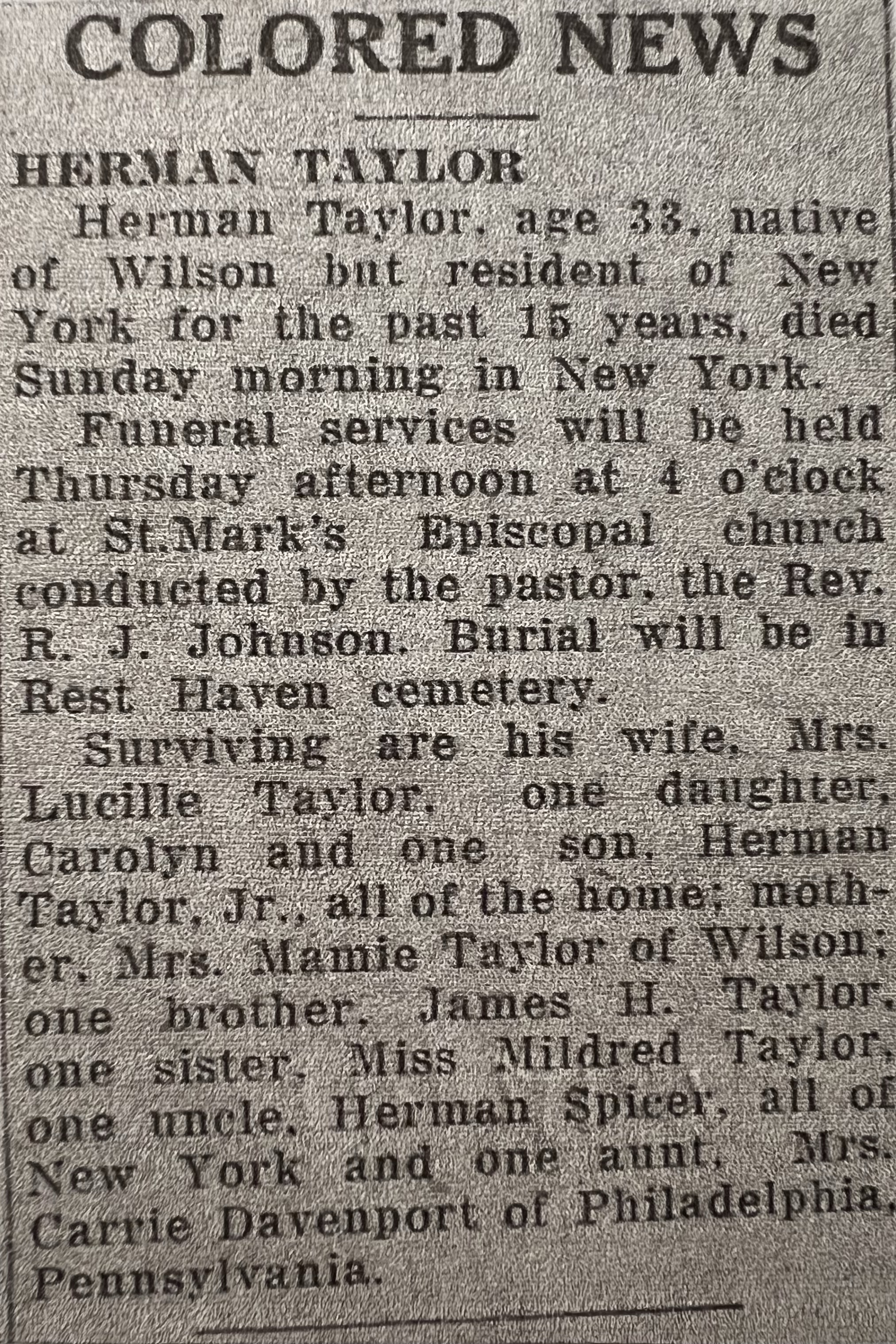 The obituary of Herman Taylor of New York City. | Black Wide-Awake