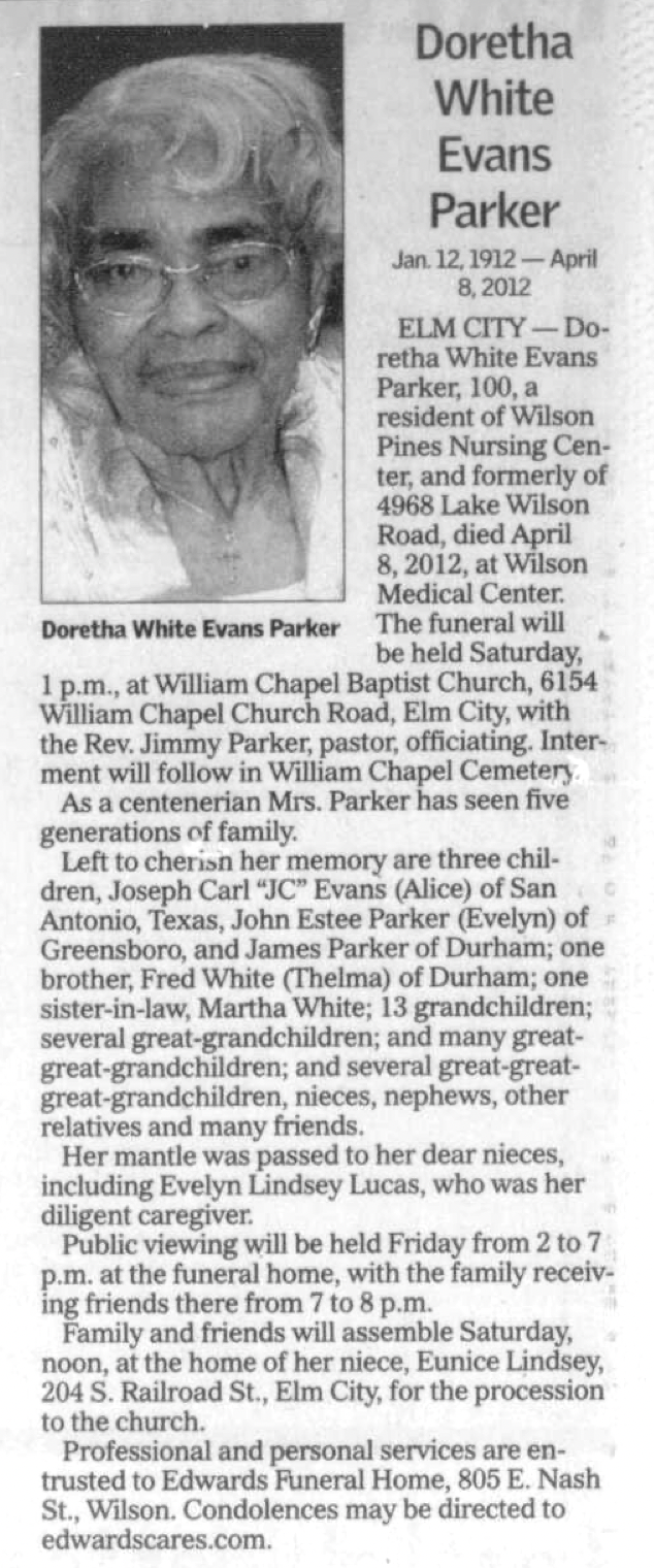 The obituary of Doretha White Evans Parker, 100. | Black Wide-Awake