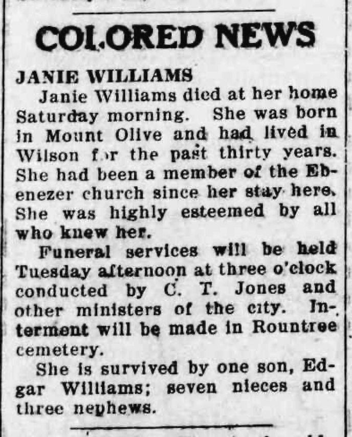 The obituary of Janie Williams. | Black Wide-Awake