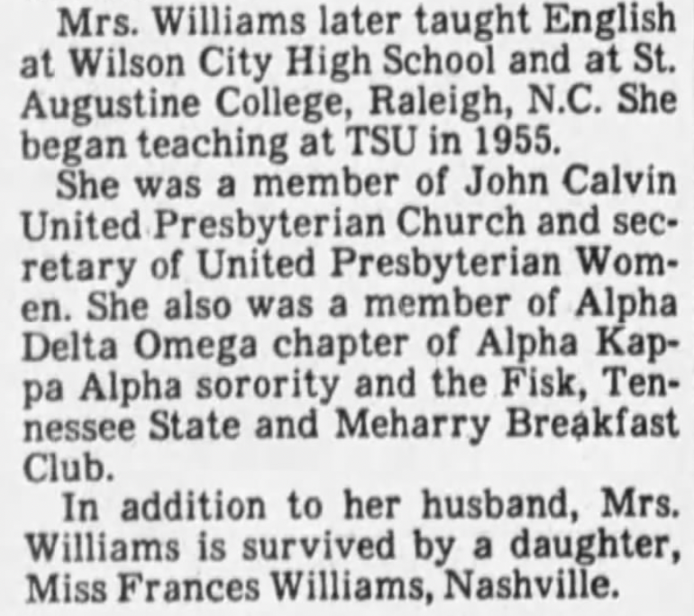 The obituary of Rosa Lee Kittrell Williams of Nashville, Tennessee ...