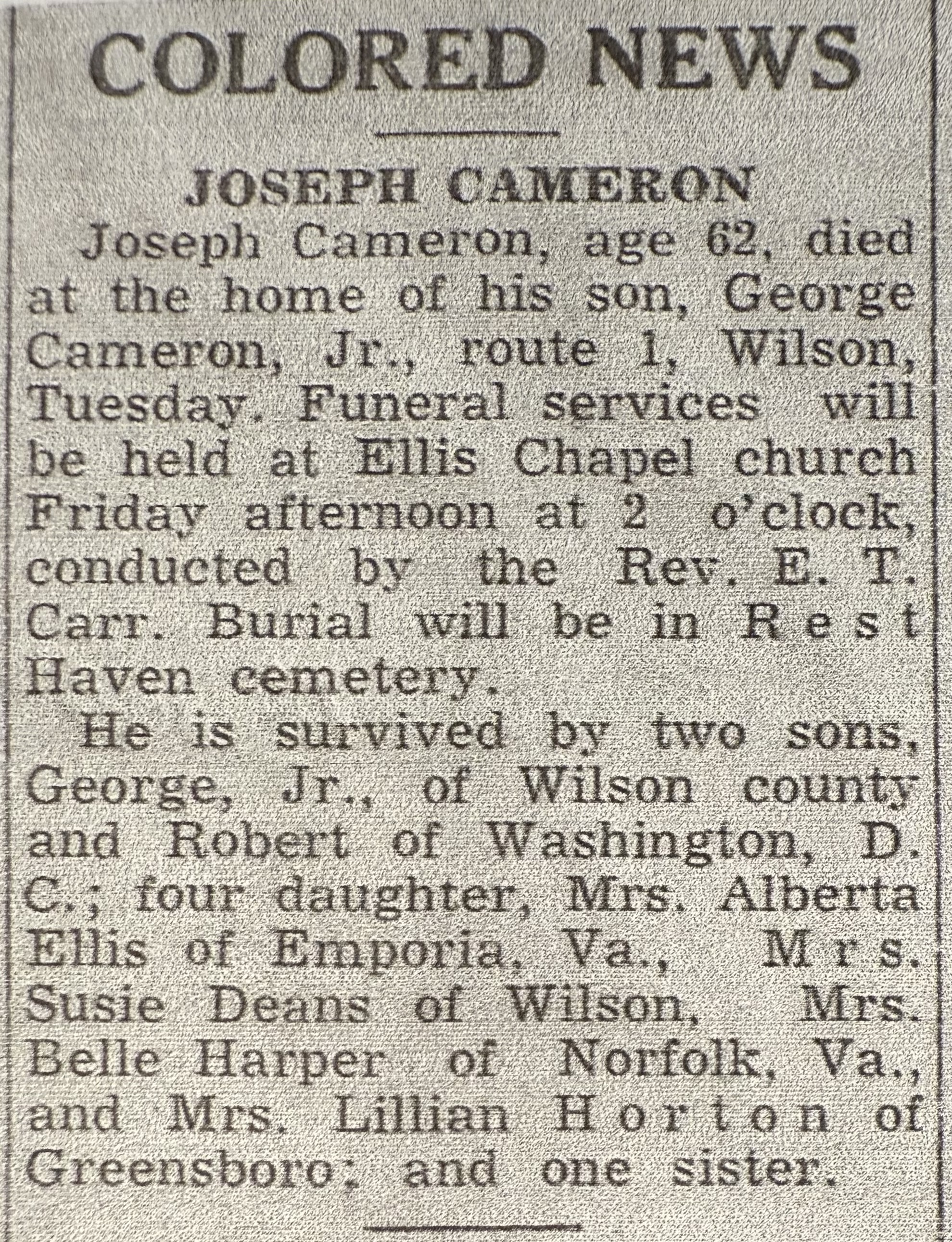 The obituary of Joseph Cameron. | Black Wide-Awake
